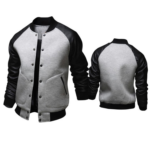New Big Pockets and Leather Sleeves Men's Stand Collar Baseball Jacket ...