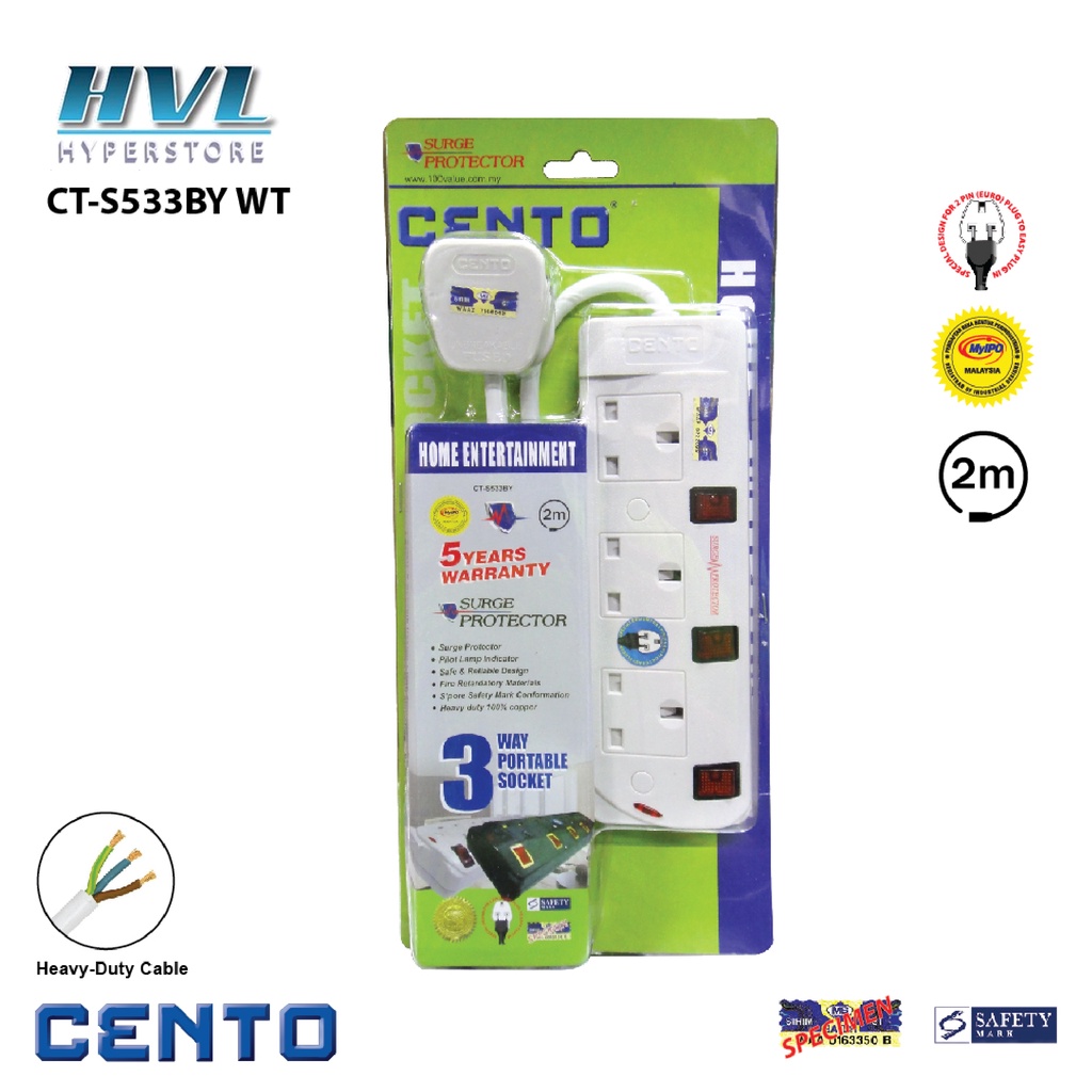 CENTO 3 Pin Socket Outlet with Neon 2 Meter CT-533BY/WH / CT-534BY/WH ...