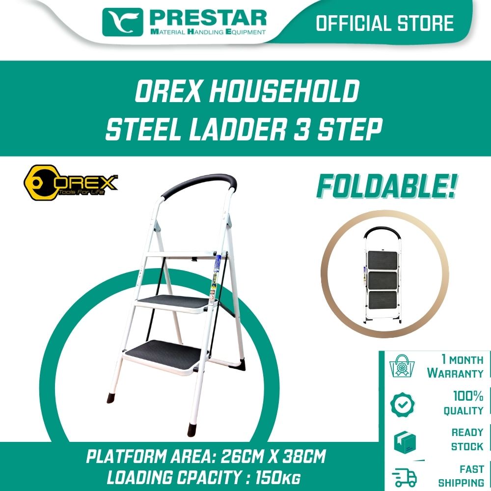 PRESTAR MHE Orex 3 Steps Ladder up to 150kg 26x38cm Anti-Slip Platform Foldable Ladder ...