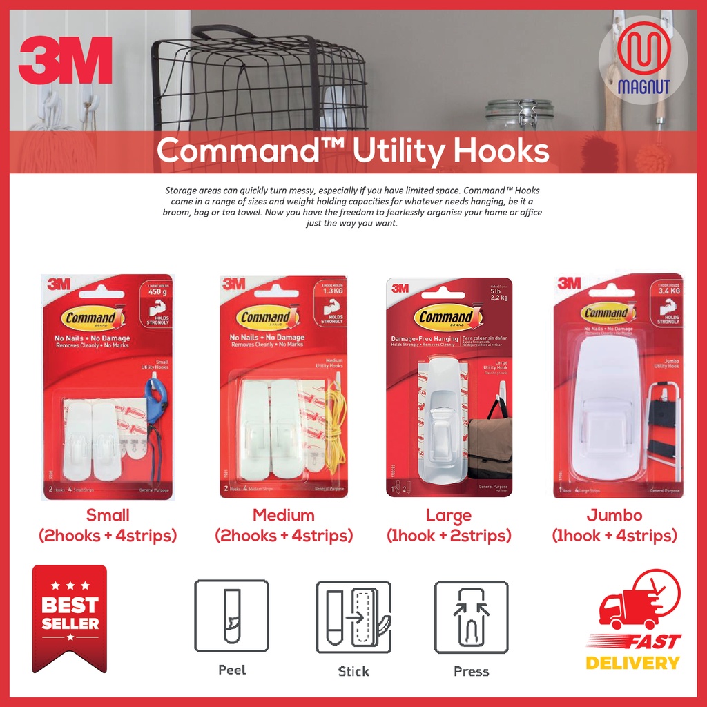 3M Command™ Small / Medium / Large / Jumbo Utility Hooks | Shopee Malaysia