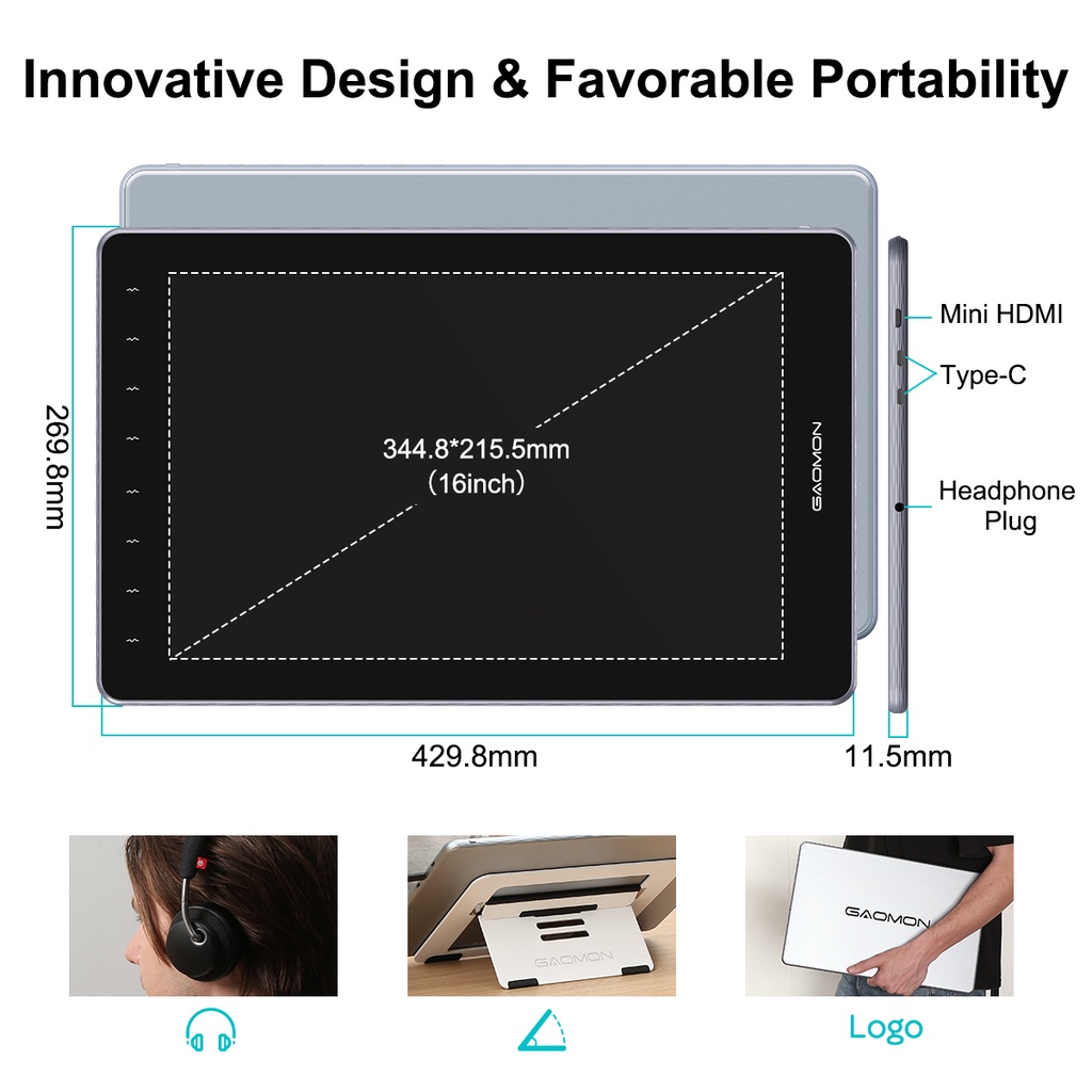GAOMON PD1610 2.5K QHD Drawing Tablet Monitor Gamut 120% sRGB & 1.07B ...