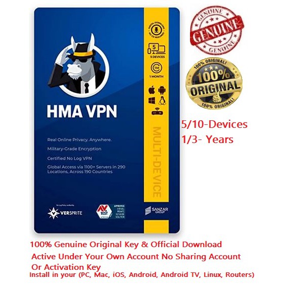 HMA VPN (5/10- Devices | 1/3 -Years) (Premium Pro) (PC, Mac, iOS ...
