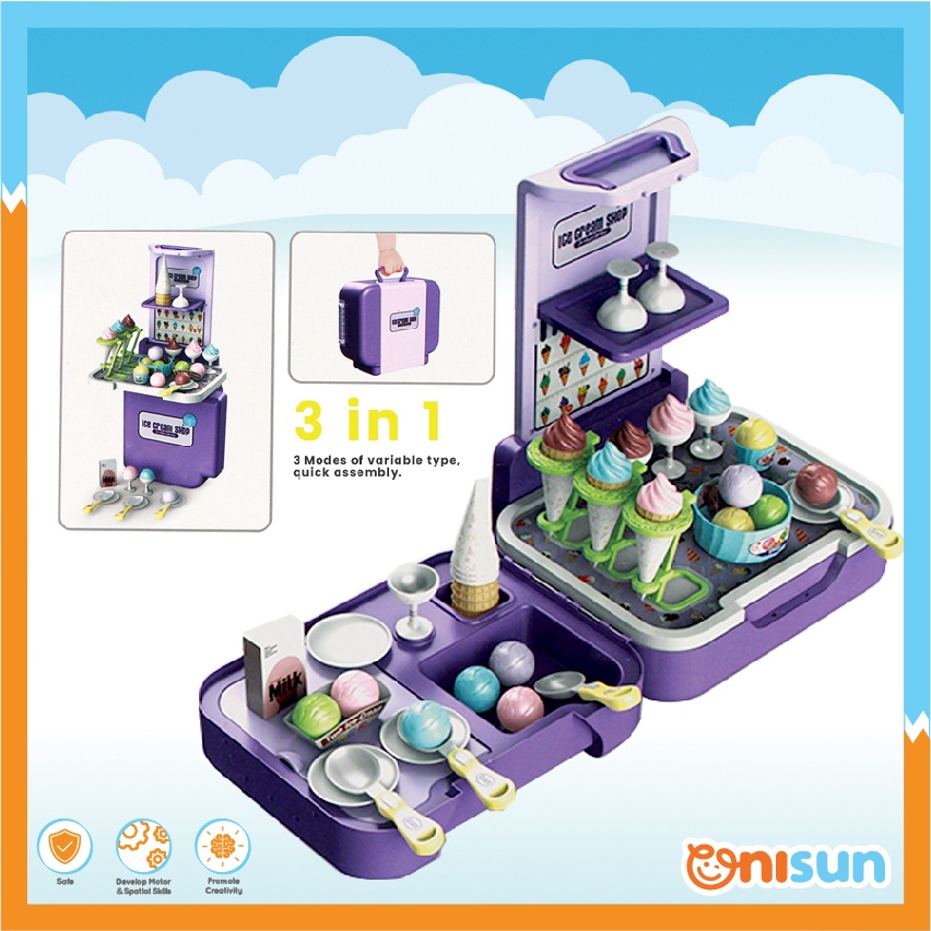 62pcs Kids Girl 3 in 1 Dessert Ice Cream Kitchen Stall Cart Shop with ...