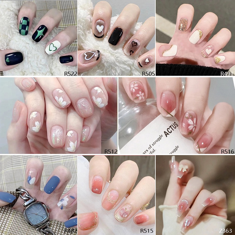 24Pcs Fake Nails with Glue Summer Flower Lemon Press on Nails ...