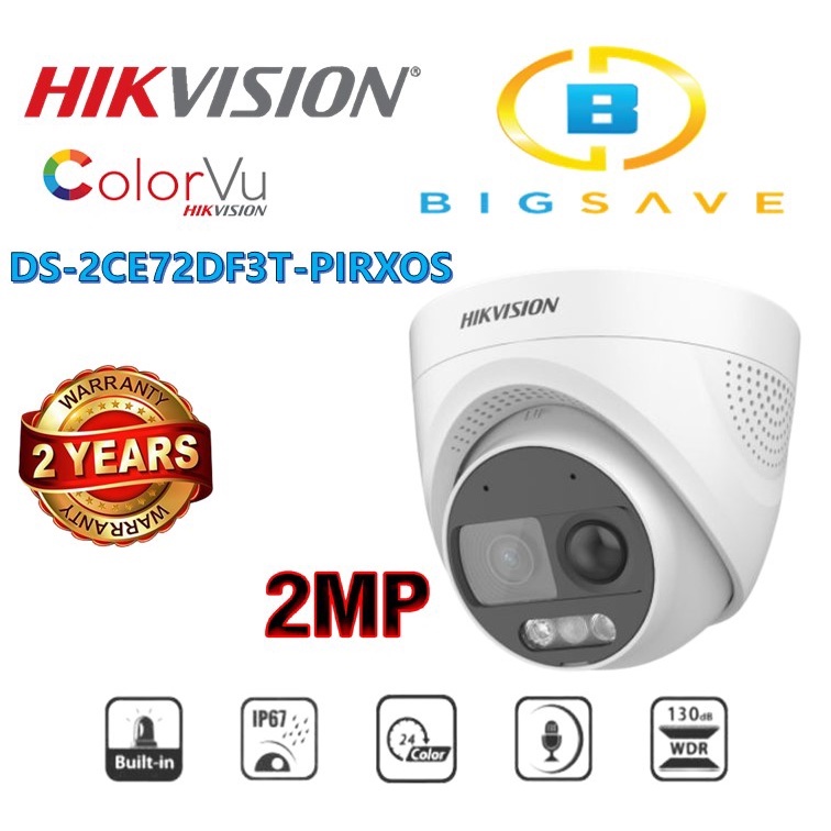 HIKVISION 2MP DS-2CE72DF3T-PIRXOS COLORVU PIR SIREN AUDIO FIXED DOME CAMERA (BUILT IN MIC ...