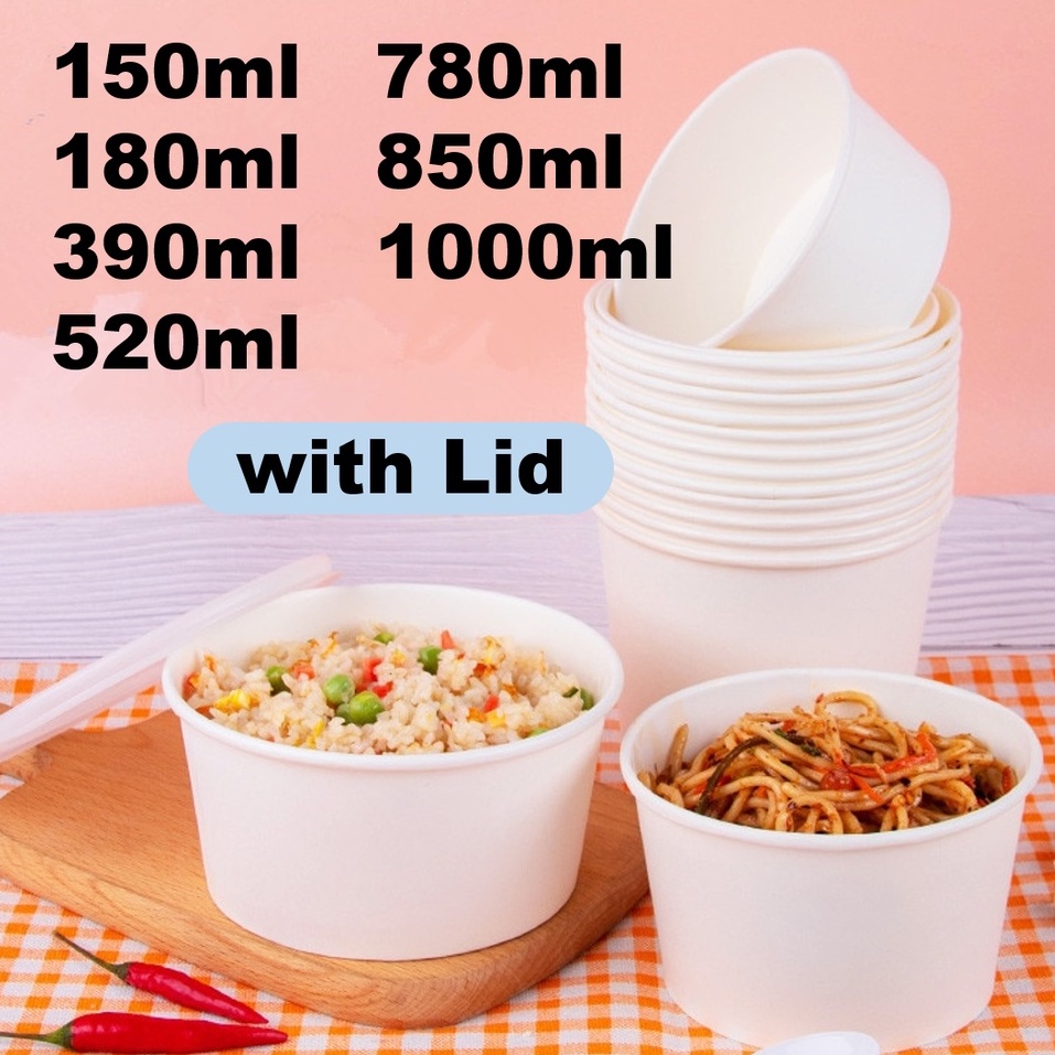 Disposable Paper Bowl with Lid (White)/Oden/ Soup Cup - 150ml 180ml 390ml 520ml 780ml 850ml ...