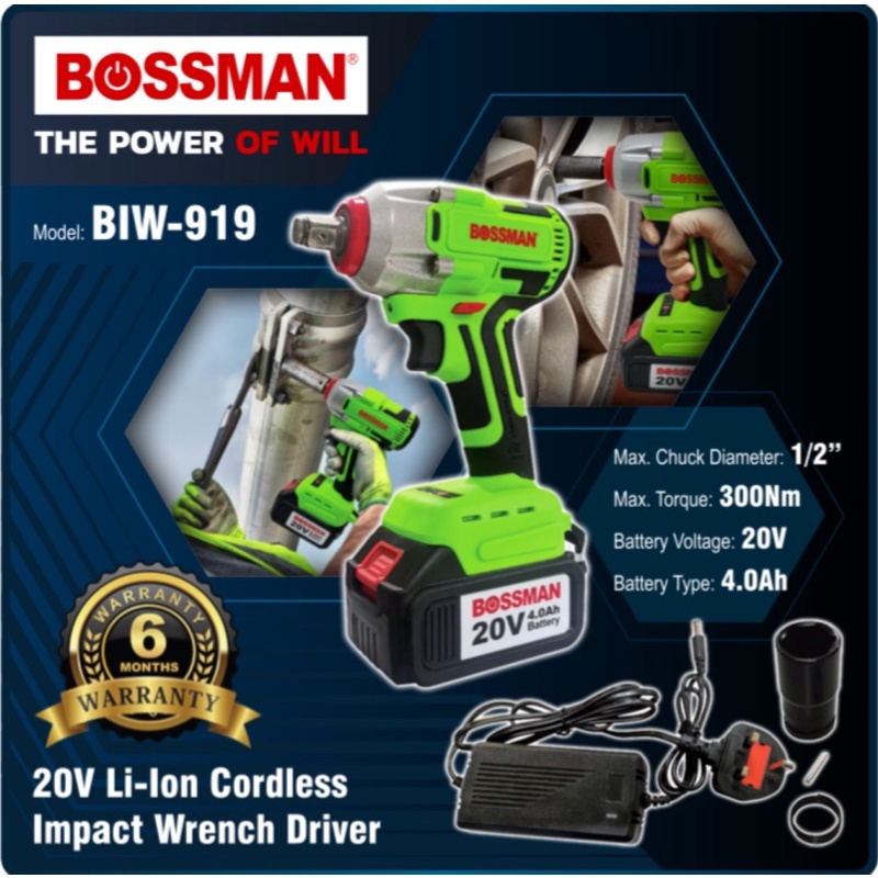BOSSMAN BIW-919 CORDLESS BRUSHLESS IMPACT WRENCH 20V 4.0AH BATTERY X 1 ...