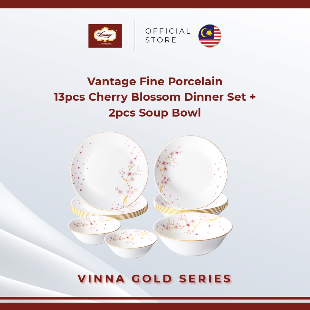 Vantage Fine Porcelain Cherry Blossom 13pcs Vinna Gold Dinner Set ...