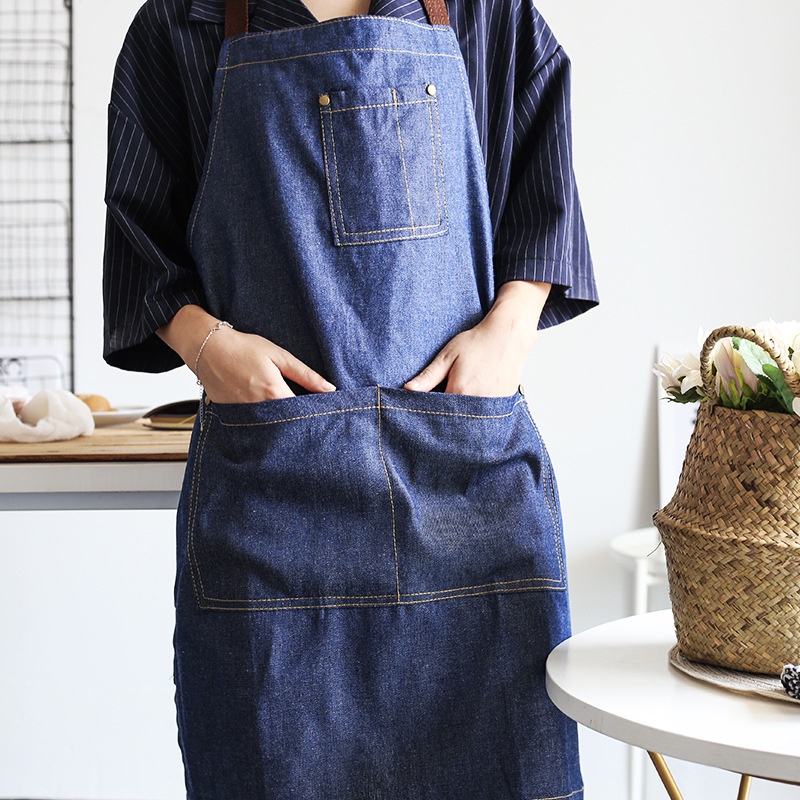 Practical Blue Denim Simple Aprons Uniform Unisex Jeans Aprons Men Lady ...