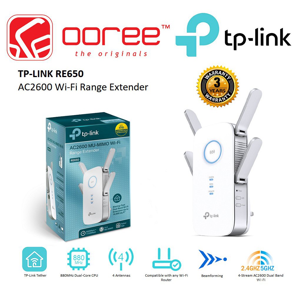 TP-LINK RE650 4-STREAM AC2600 DUAL BAND WIFI RANGE EXTENDER WITH 4×4 MU ...