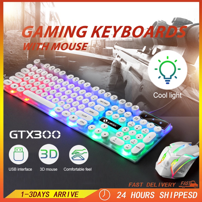 Gtx300 Set Gaming Keyboard And Mouse Office Computer Rgb Light Colourful Keypad Retro Keyboards