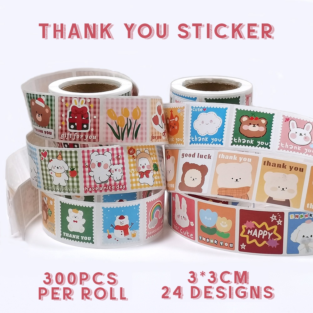 300pcs/Roll 3*3 Cm Cartoon Cute Animal Thank You Stickers Square ...