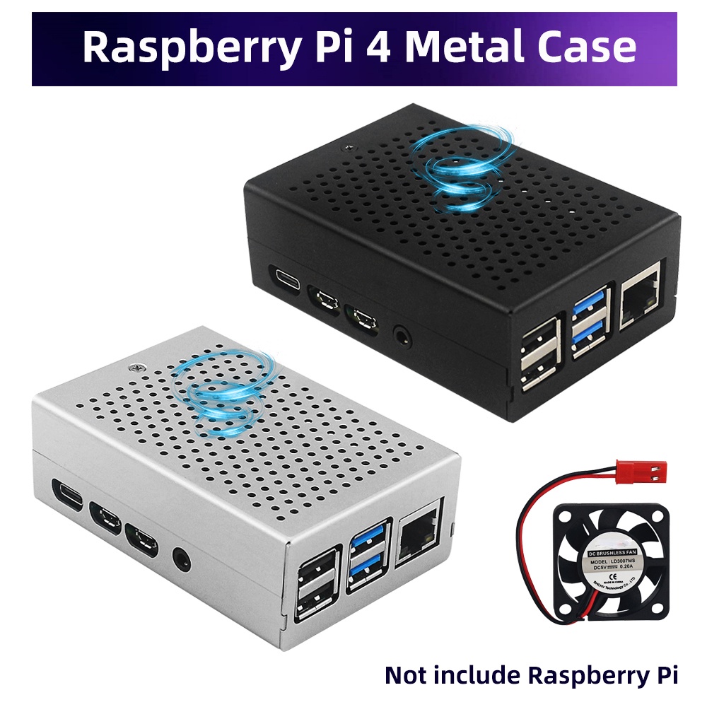 Raspberry Pi 4 Metal Case Black Silver Vents Shell with Cooling Fan Optional Heatsink Power ...