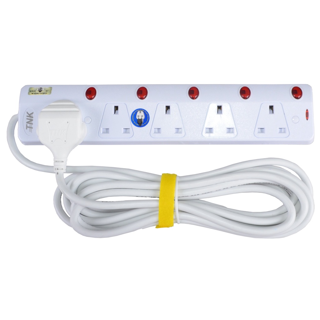 TNK 5 Gang Neon Extension Trailing Socket with 3 Pin 13 Amp Fuse Mouded ...