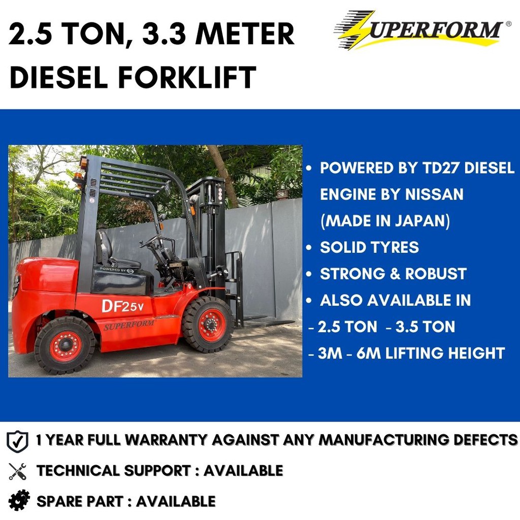 SUPERFORM 2.5 ton, 3.3m, 4-Wheel Diesel Forklift | Powerful Nissan TD27 ...