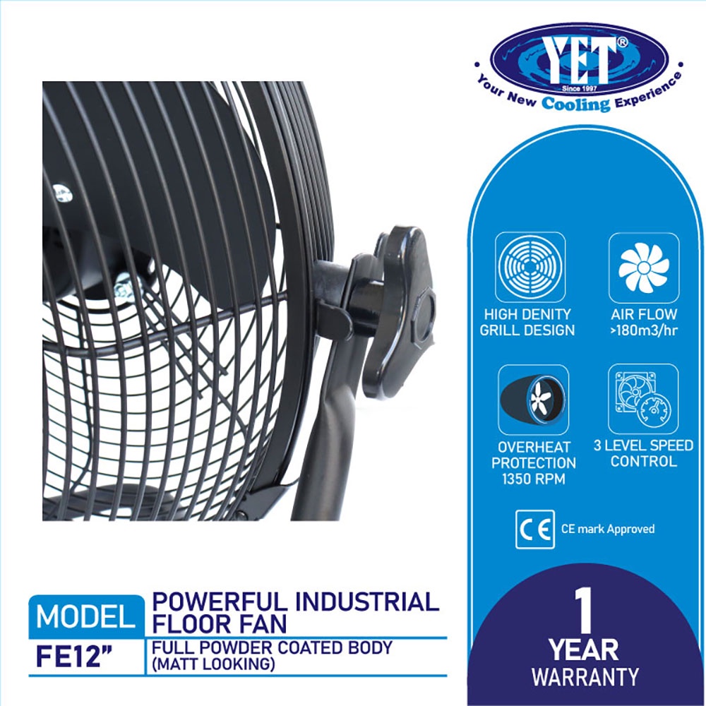 YET FE12 12 Inch Auto Swing Heavy Duty Powerful Industrial Floor Fan ...
