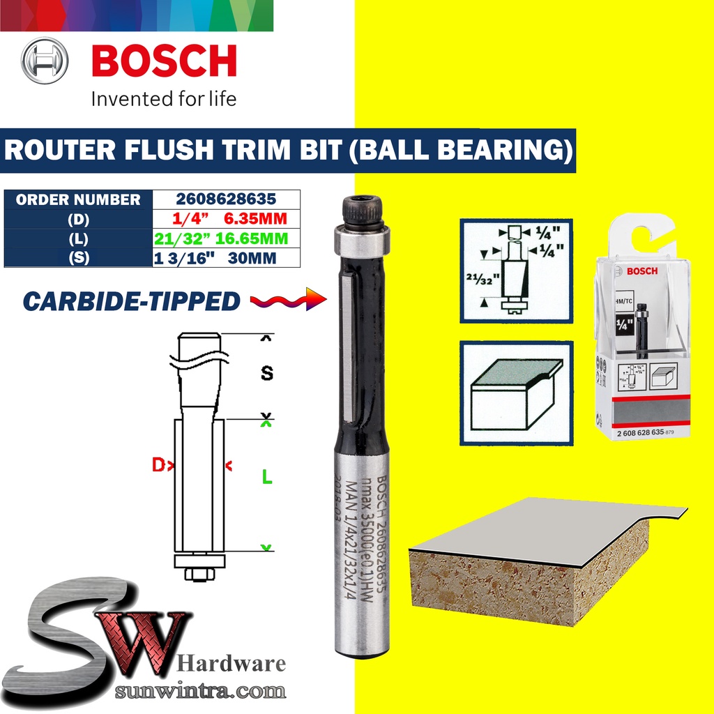 Bosch Router Bit (Carbide-Tipped) - 1/4" Shank Flush Trim Bit (Ball ...