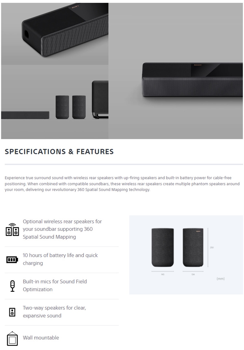 Sony SA-RS5 Total 180W Additional Wireless Rear Speakers with Built-in Battery [For HT-A7000/HT ...