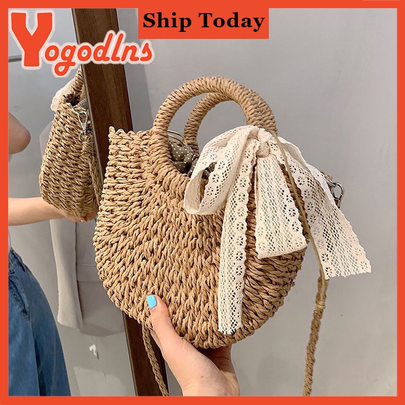 Yogodlns Summer Half Moon Handmade Straw Shoulder Crossbody Bags for ...