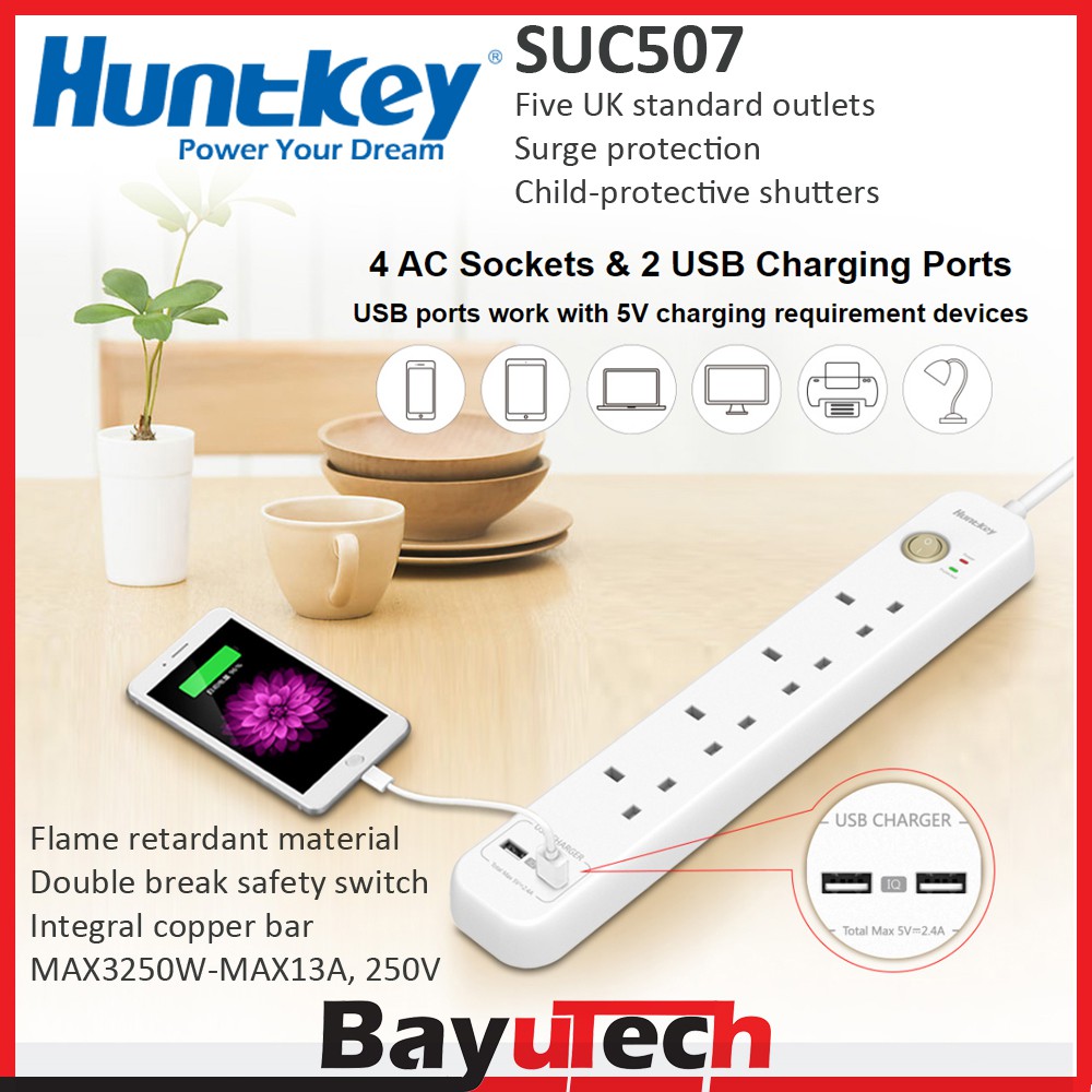 HuntKey SZL307 / SUC 501 / 507 / 5 / 4 Gang Universal Outlet with 2 x USB 5V Extension Power ...