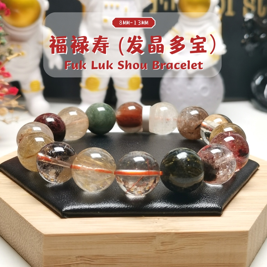 Natural Crystal Multi-Coloured Rutilated "Fu Lu Shou" Bracelet | 天然福禄寿发 ...