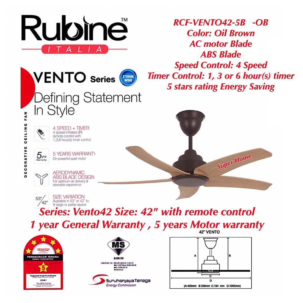Rubine Remote Control Ceiling Fan RCF-VENTO42-5B OB (Oil Brown) 42 inch AC Motor (4-Speed ...