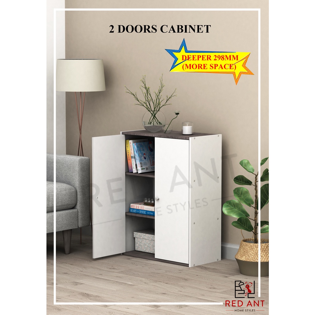 READY STOCK* RED ANT 3 Tier 2 Doors Wooden Multipurpose Rack Book Shelf ...