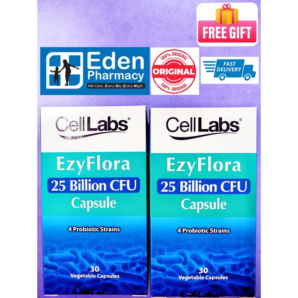 2 BOTTLES CellLabs EzyFlora 25 Billion CFU Probiotic ( 30' s ) Short expiry 3/25 !! FREE GIFT ...