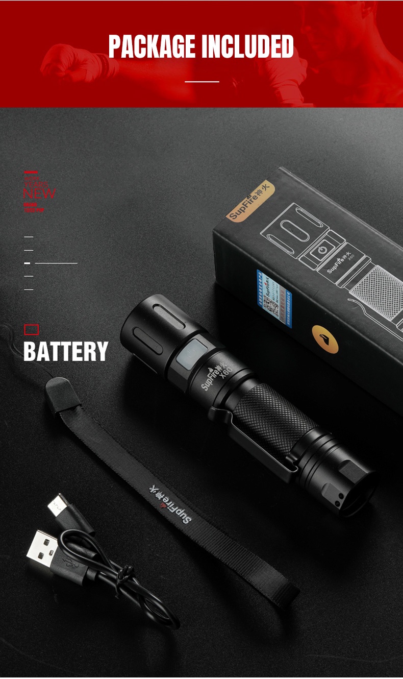 Supfire X60 Lampu Suluh Jarak Juah LED Zoomable Torchlight Rechargeable ...