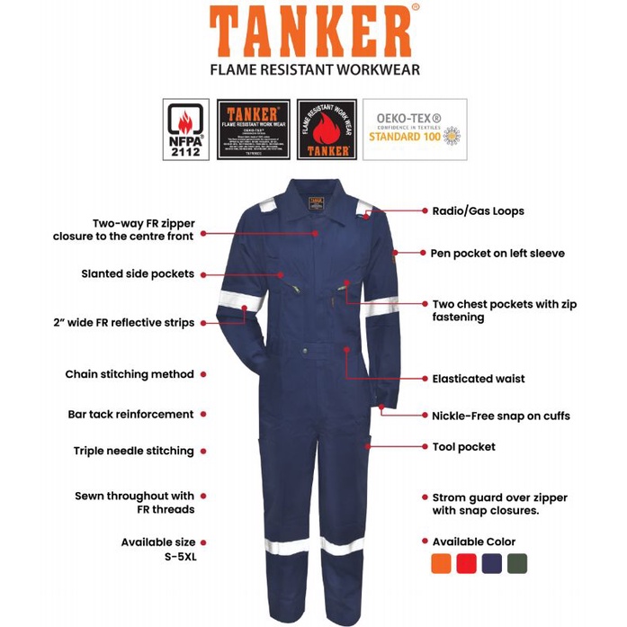 Tanker Fire Retardant Coverall XS-8XL FRC | Darkgreen, Navyblue, Red ...