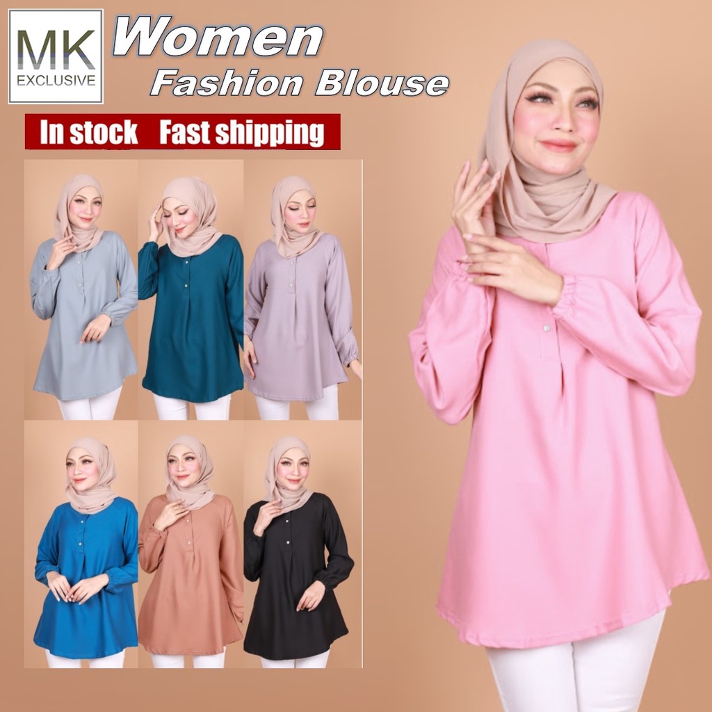 Baju Raya 2024 MK Women's Blouse Plus Size Front Button Muslimah ...
