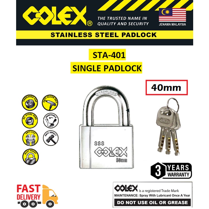 COLEX Stainless Steel Padlock STA401(40mm)/ STA501(50mm) | Shopee Malaysia