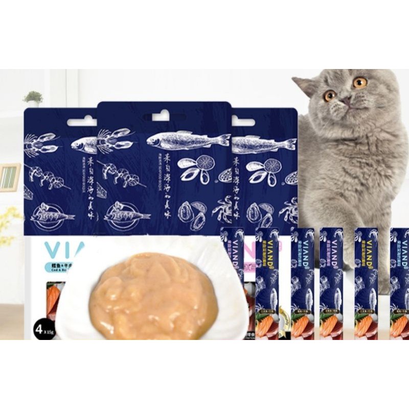 VIAND Wet Food Stick Creamy Treats Salmon Beef Flavour Pet Cat Snack ...