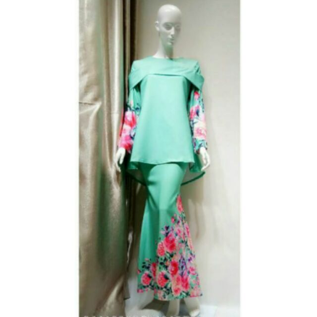 Baju Raya Kurung Moden Printed Bunga Floral Style Green Mint Free Size ...
