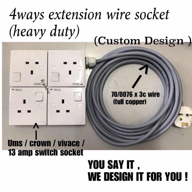 (READY STOCK) (1m-10m) HEAVY DUTY 4 WAYS EXTENSION WIRE TRAILING SOCKET ...