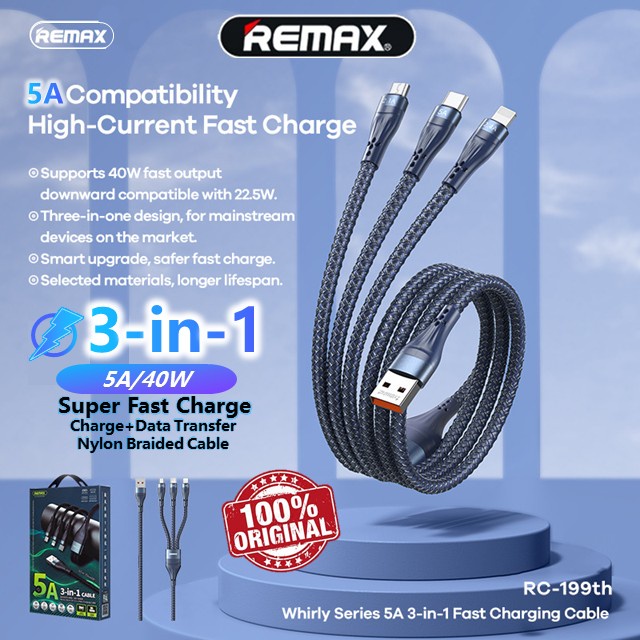 Original Remax 5A 3 in 1 Fast Charging Cable iPh⊙ne / Type C / Micro ...