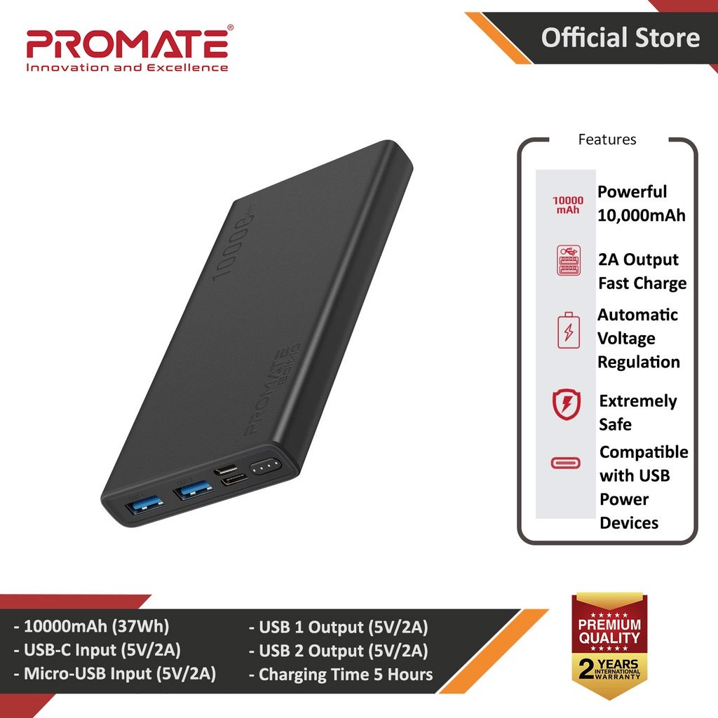 Promate Power Bank Pocket Slim Friendly Size Portable PowerBank USB Port Dual USB 10000mA Bolt ...