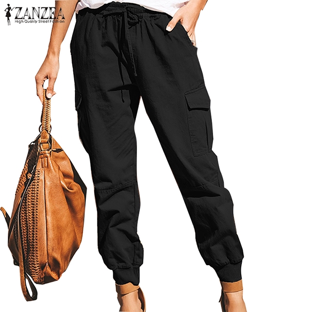 Zanzea Women Elastic Waist Pockets Casual Plus Size Harems Pant