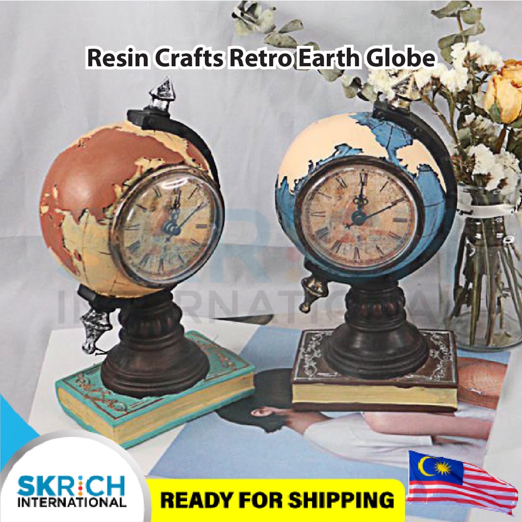 Resin Crafts Retro Earth Globe Table Clocks Modern Home Creative Table ...