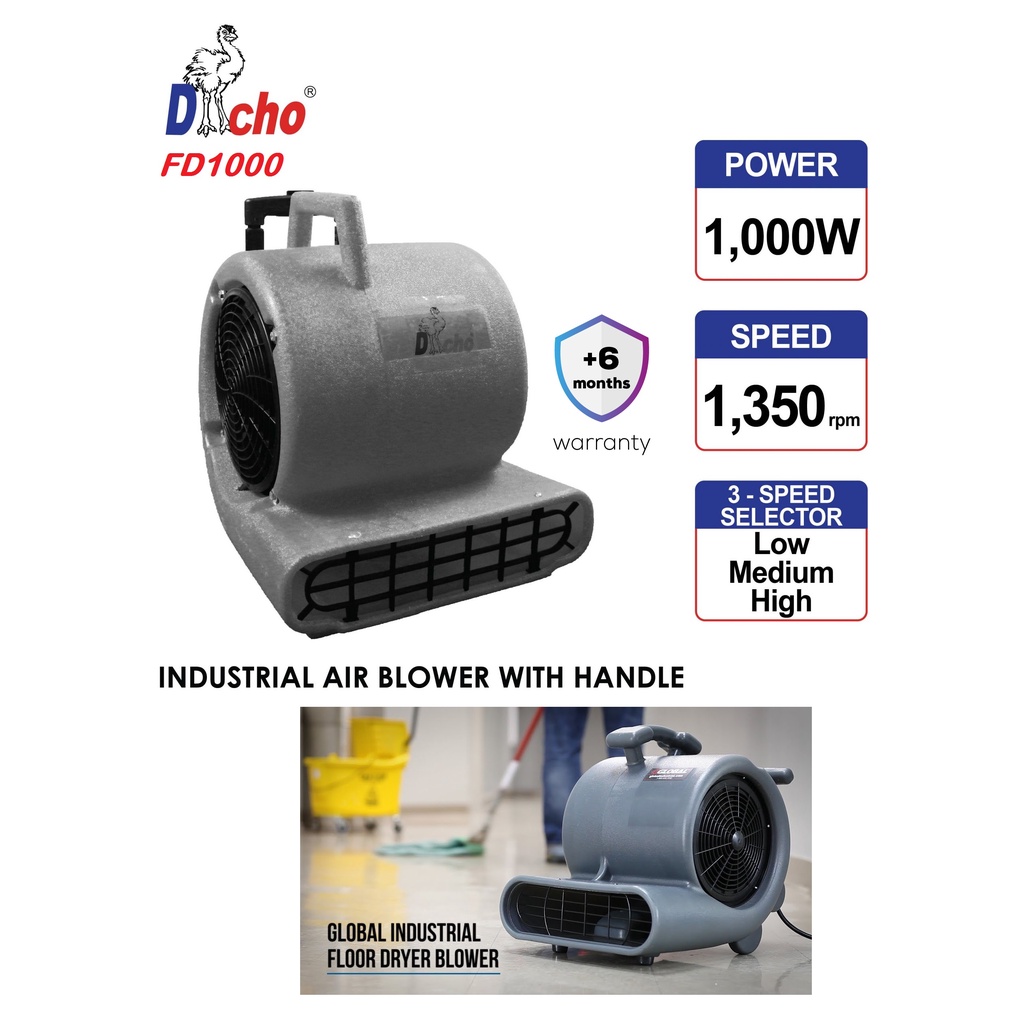 Dacho FD 1000W 3-Speed Industrial Floor Dryer Blower with Wheel Handle ...