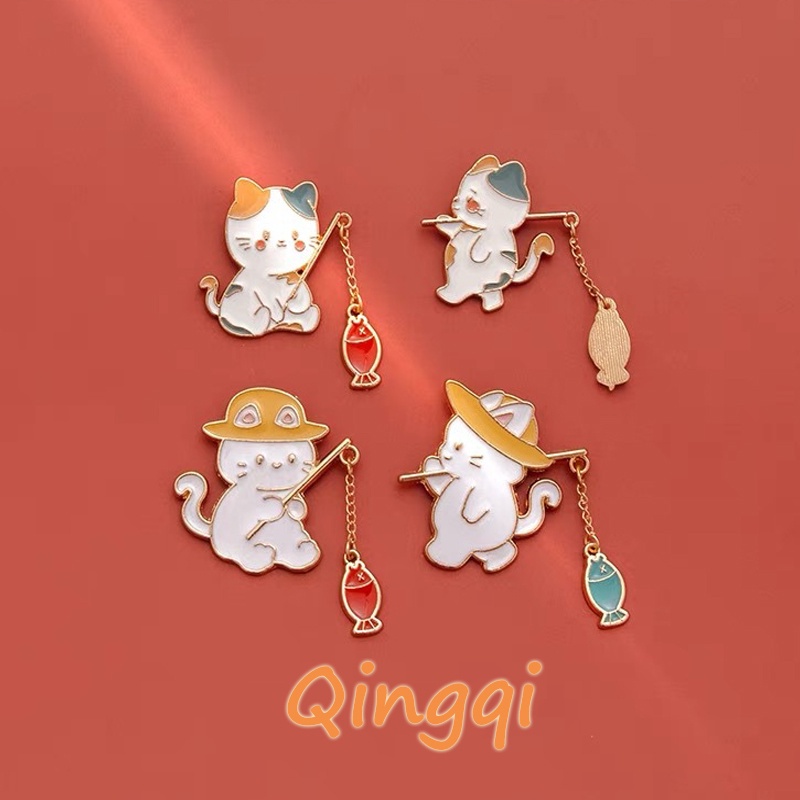 Cute Cat Rabbit Enamel Pins Cat Fishing Rabbit Carrots Chain DIY Brooch ...