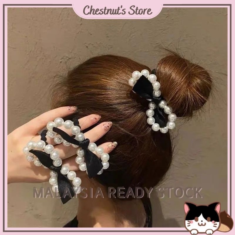 CHESTNUT'S STORE Temperament Elegant Ribbon Pearl Hair Tie Rubber Band ...