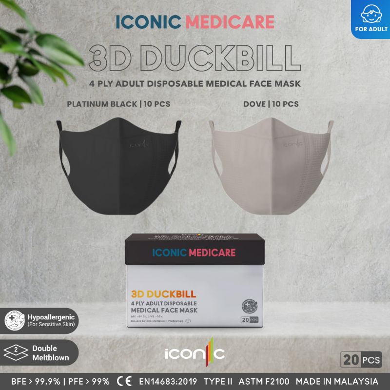 ICONIC MEDICARE [3D DUCKBILL] PLATINUM BLACK & DOVE ADULT 4 PLY MEDICAL ...