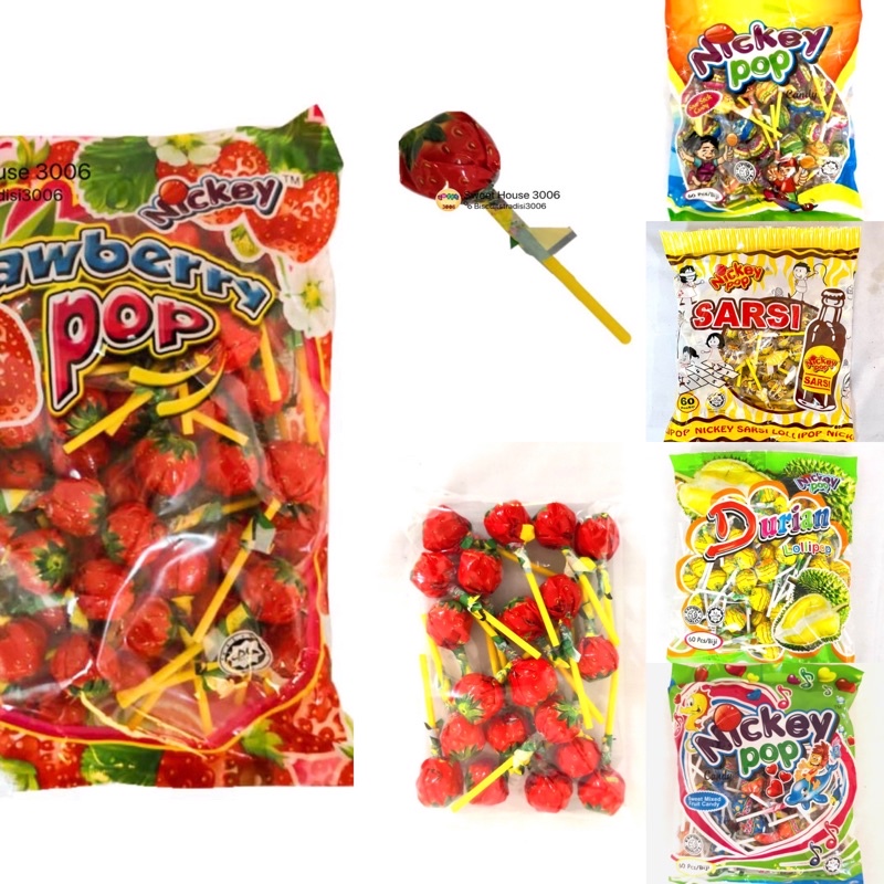 Nickey Pop Sweet Sour Mix fruit Lollipop Candy Sarsi Durian Strawberry Gula Batang Lolly Pop 零食 ...