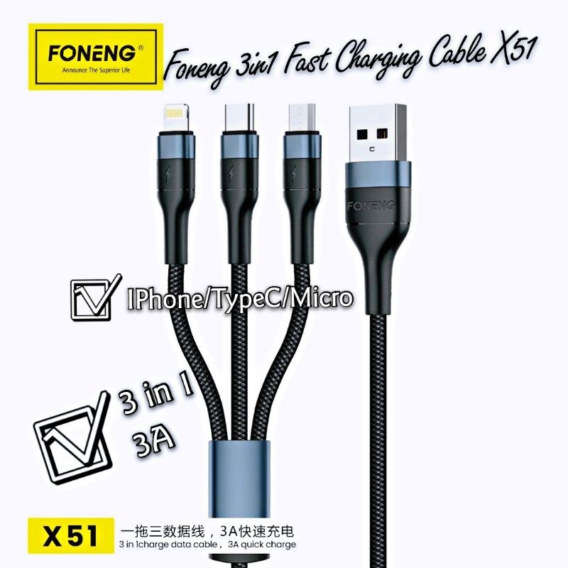 Foneng X51/X80 3in1 3A Data Cable | Shopee Malaysia