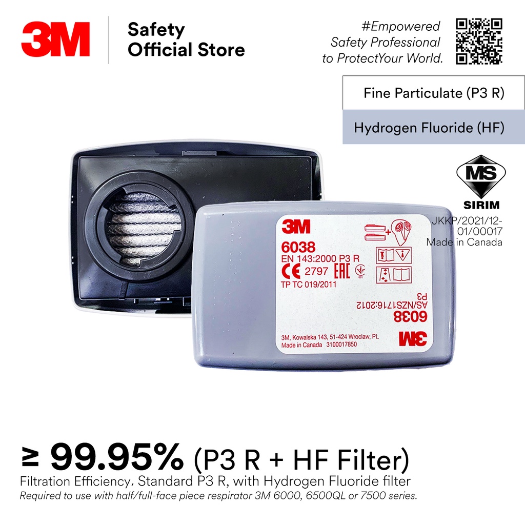 3M™ 6038 P3R & 7093C P100 Hydrogen Fluoride Cartridge/Use with 3M™ 6000/6500QL/7000 Series ...