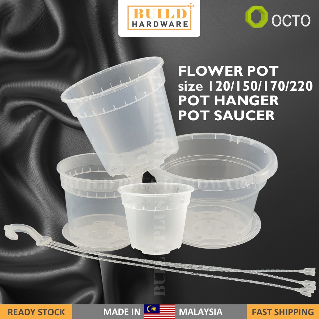 OCTO Plastic Plant Flower Pot Transparent 120/150/170/220 Saucer Hanger ...