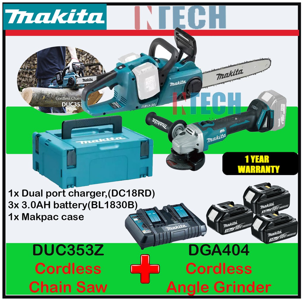 MAKITA DGA404Z CORDLESS ANGLE GRINDER + DUC353Z CORDLESS CHAIN SAW + 3x ...