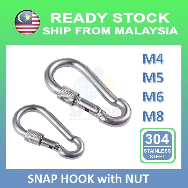Stainless Steel 304 Spring Carabiner Snap Hook with Nut Keychain Quick ...