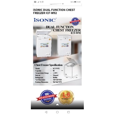 isonic dual function chest freezer 90L ICF-W92 | Shopee Malaysia